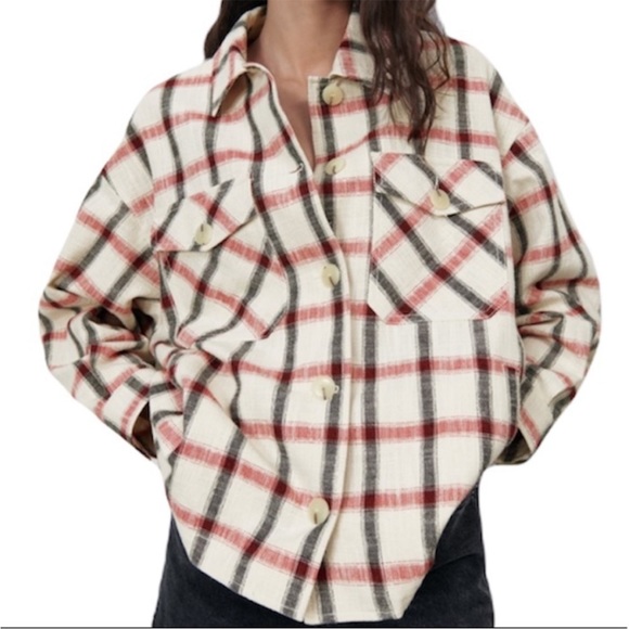 Zara | Jackets & Coats | Zara Cream Red Black Plaid Overshirt Shacket ...